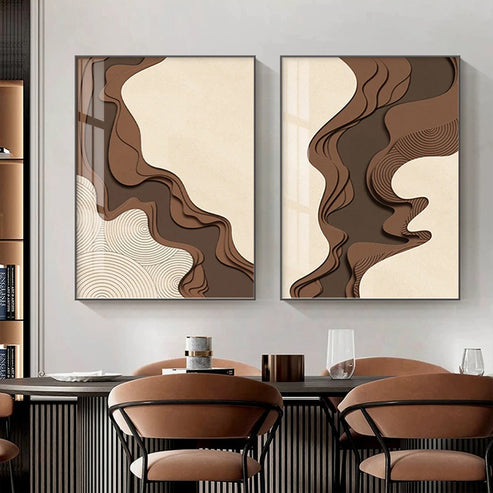 Brown Beige Abstract Flowing Contours Minimalist Wall Art Pictures For Modern Apartment ...