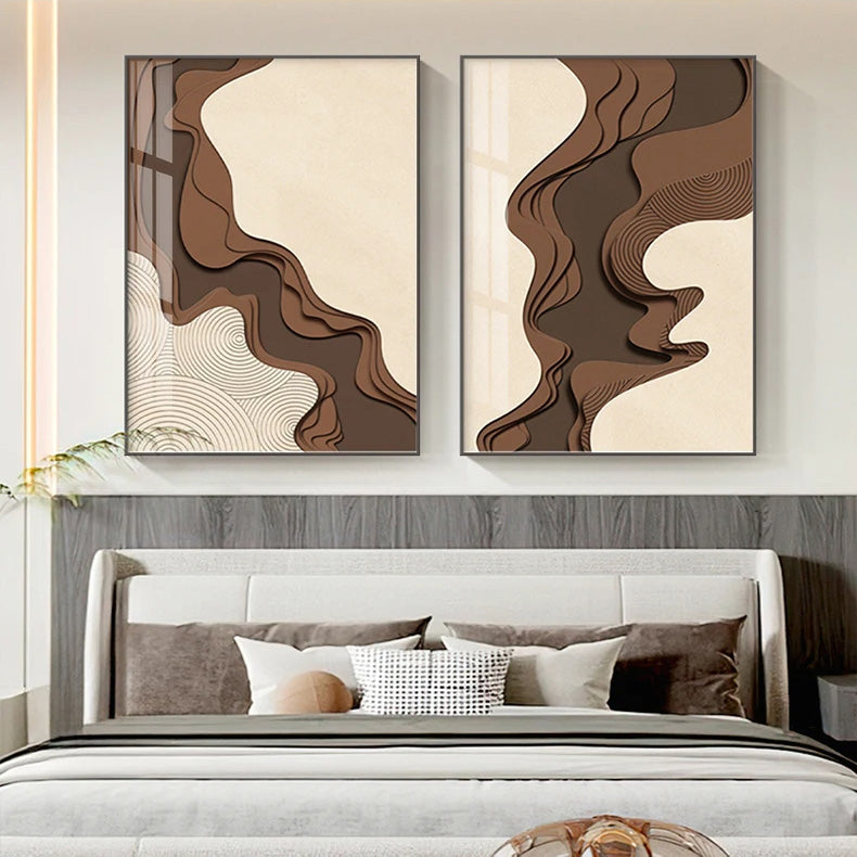 Brown Beige Abstract Flowing Contours Minimalist Wall Art Pictures For ...