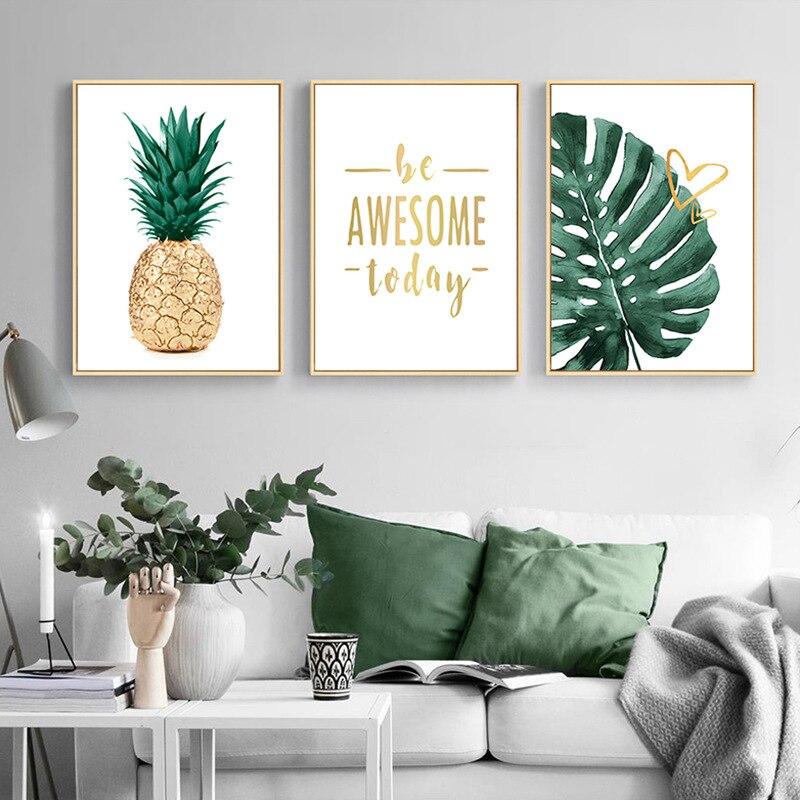 Inspirational Quotes Posters Golden Pineapple Green Leaf Monstera Wall ...