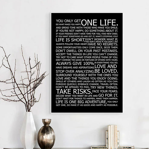 One Life Inspirational Motivational Quotes Poster Black White Wall Art ...