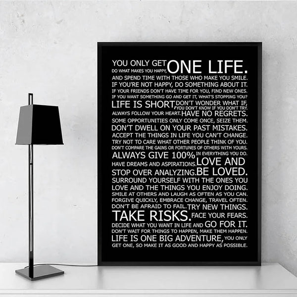 One Life Inspirational Motivational Quotes Poster Black White Wall Art ...