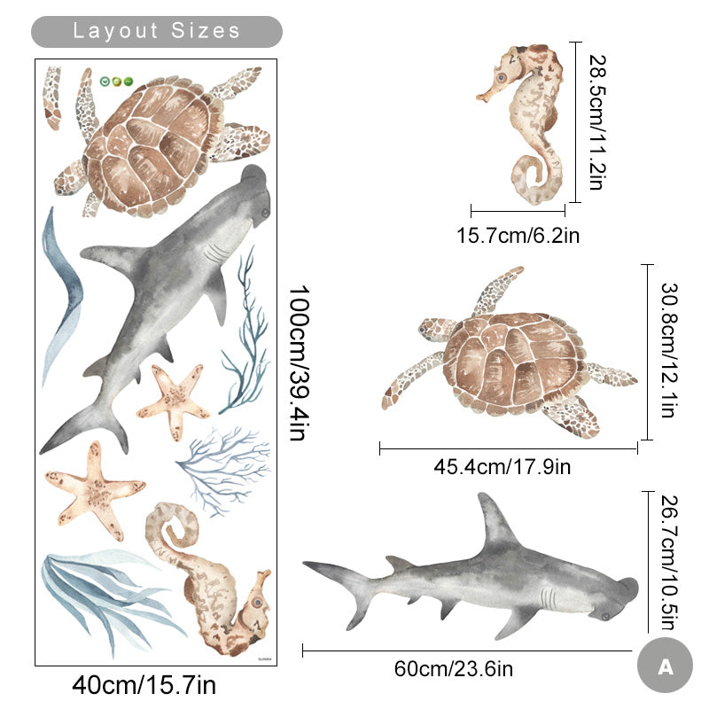 Sea Horse Turtle Whale Wall Ocean Animals Decals Removable PVC Vinyl W ...